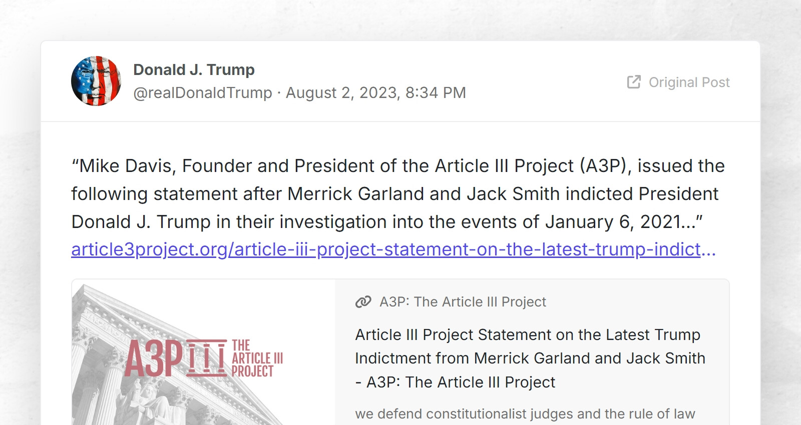 Donald J. Trump: "“Mike Davis, Founder and President of the Article III ...