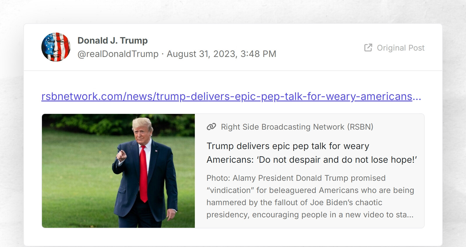 Donald J. Trump: "https://www.rsbnetwork.com/news/trump-delivers-epic ...