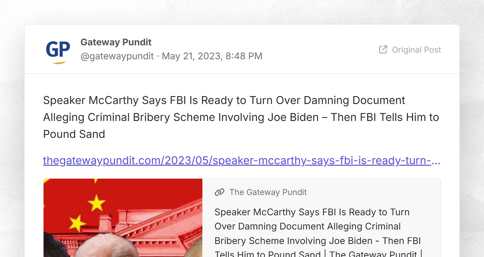 Gateway Pundit: "Speaker McCarthy Says FBI Is Ready to Turn Over ...