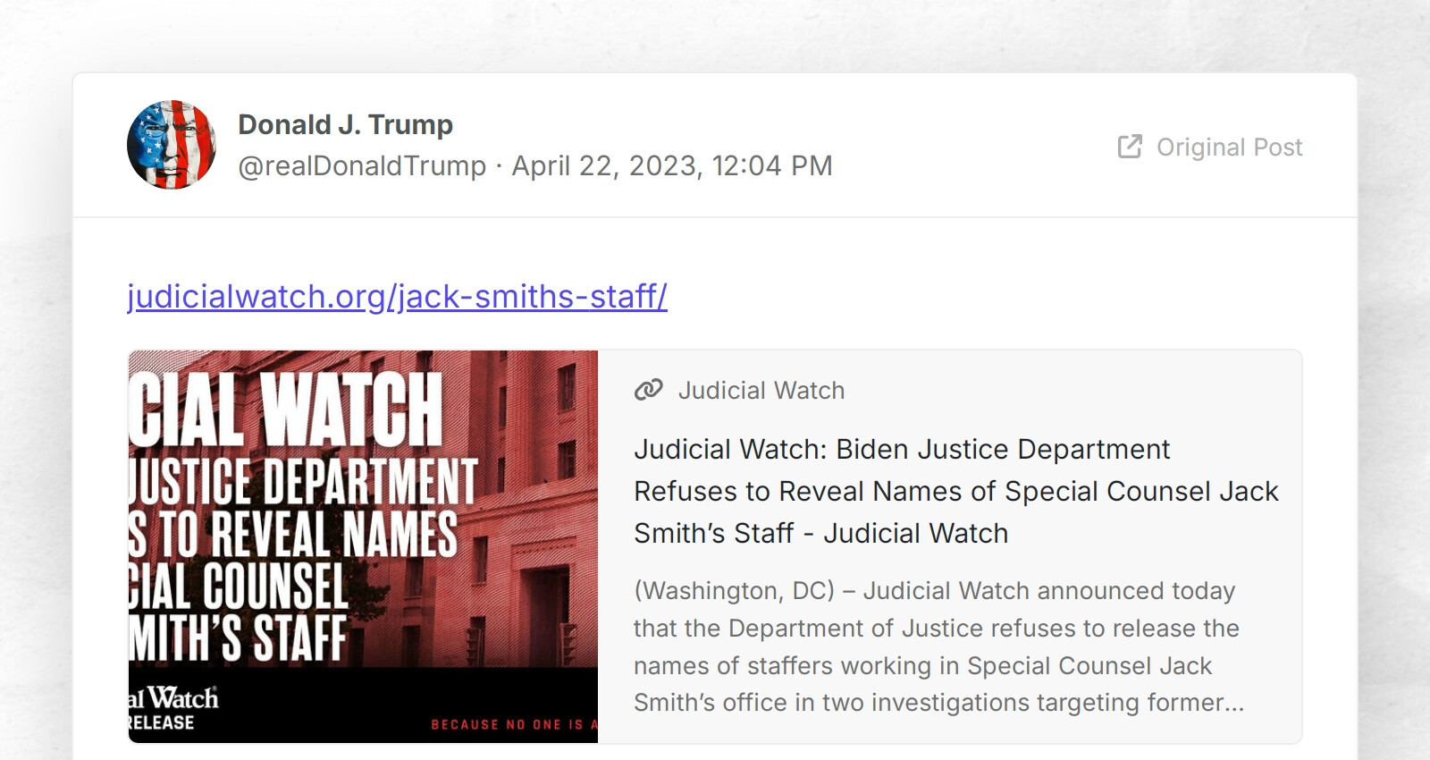Donald J. Trump: "https://www.judicialwatch.org/jack-smiths-staff ...
