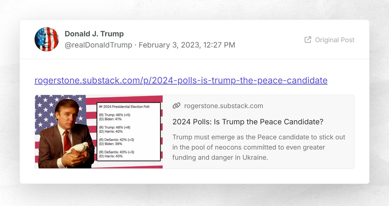 Donald J. Trump: "https://rogerstone.substack.com/p/2024-polls-is-trump ...