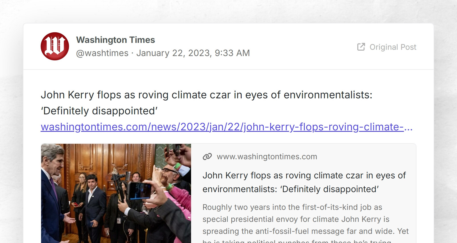 Washington Times: "John Kerry flops as roving climate czar in eyes of ...