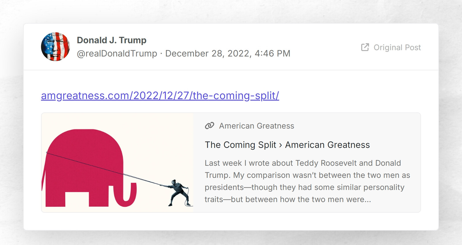 Donald J. Trump: "https://amgreatness.com/2022/12/27/the-coming-split ...
