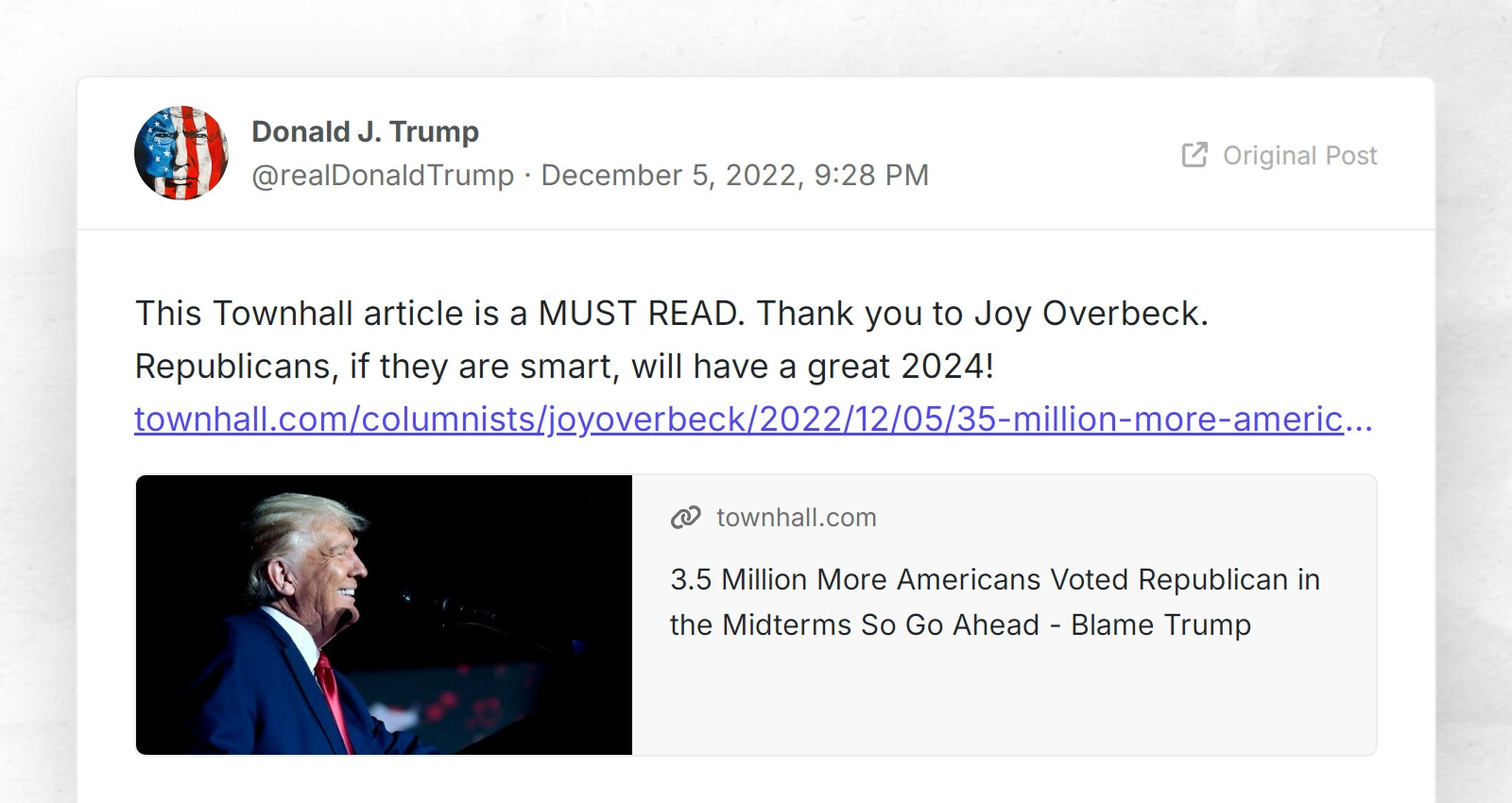 Donald J. Trump: "This Townhall article is a MUST READ. Thank you to ...