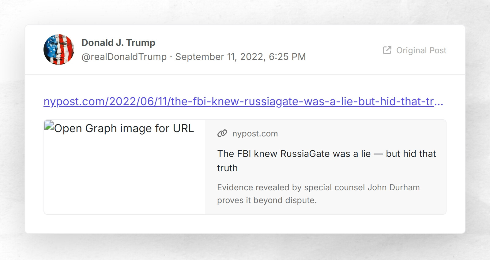 Donald J. Trump: "https://nypost.com/2022/06/11/the-fbi-knew-russiagate ...