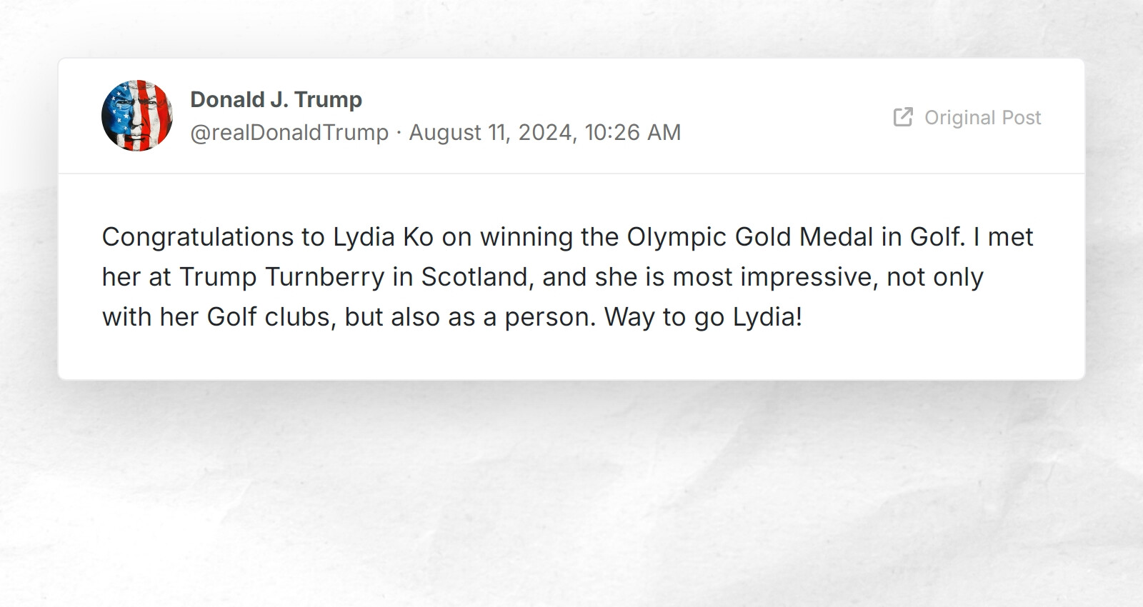 Donald J. Trump: "Congratulations to Lydia Ko on winning the Olympic ...