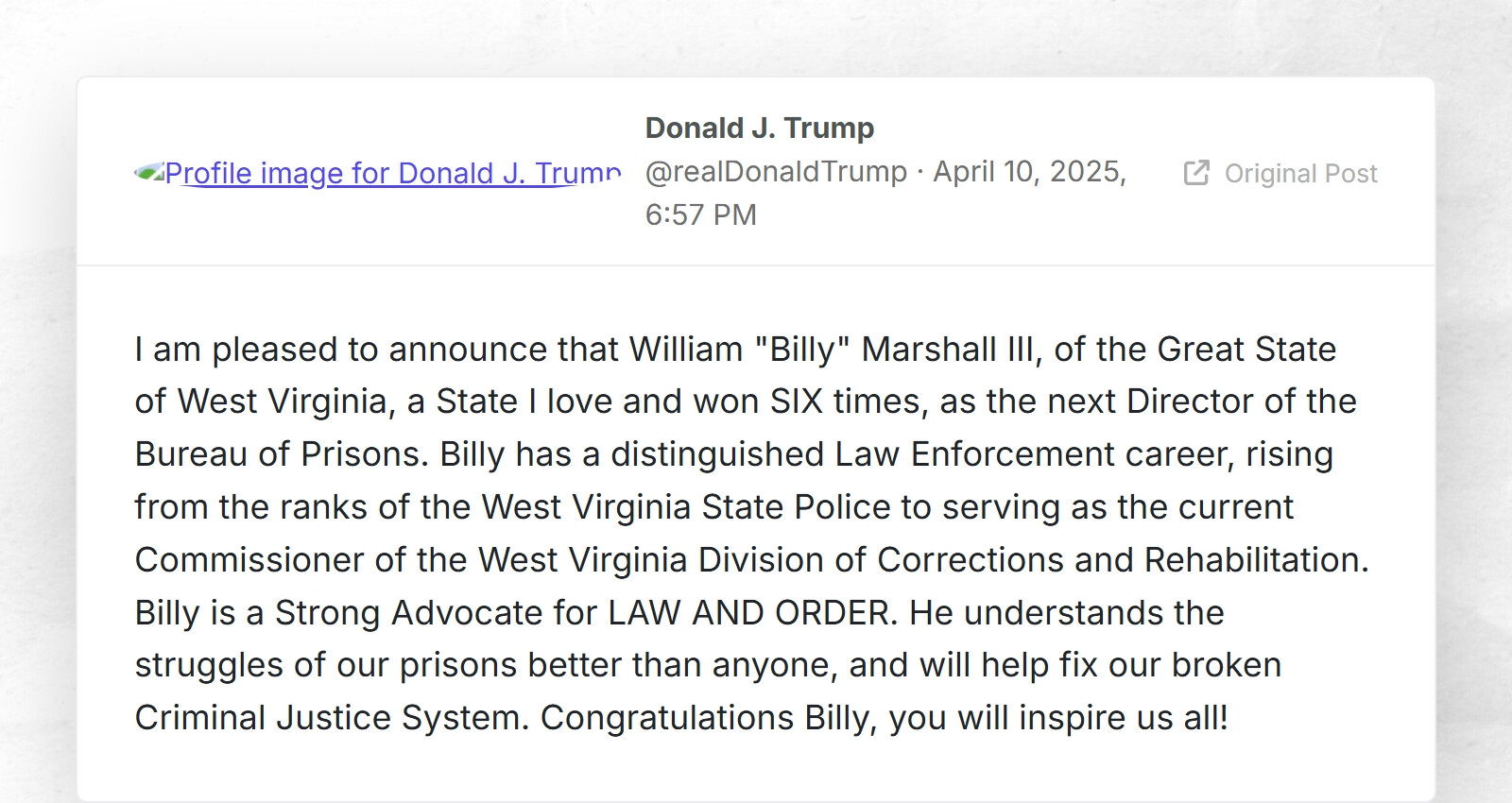 Donald J. Trump: "I am pleased to announce that William "Billy ...