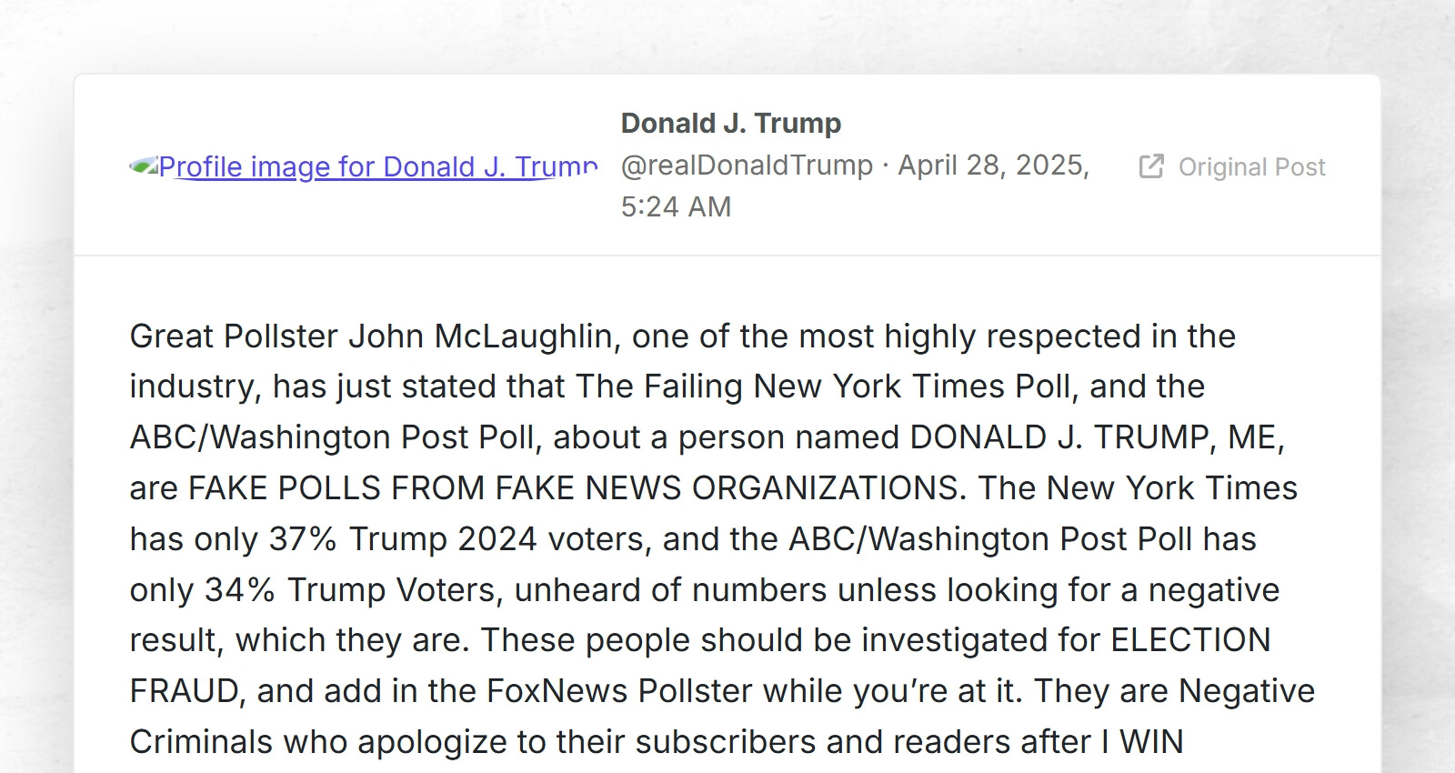 Donald J. Trump: "Great Pollster John McLaughlin, one of the most ...