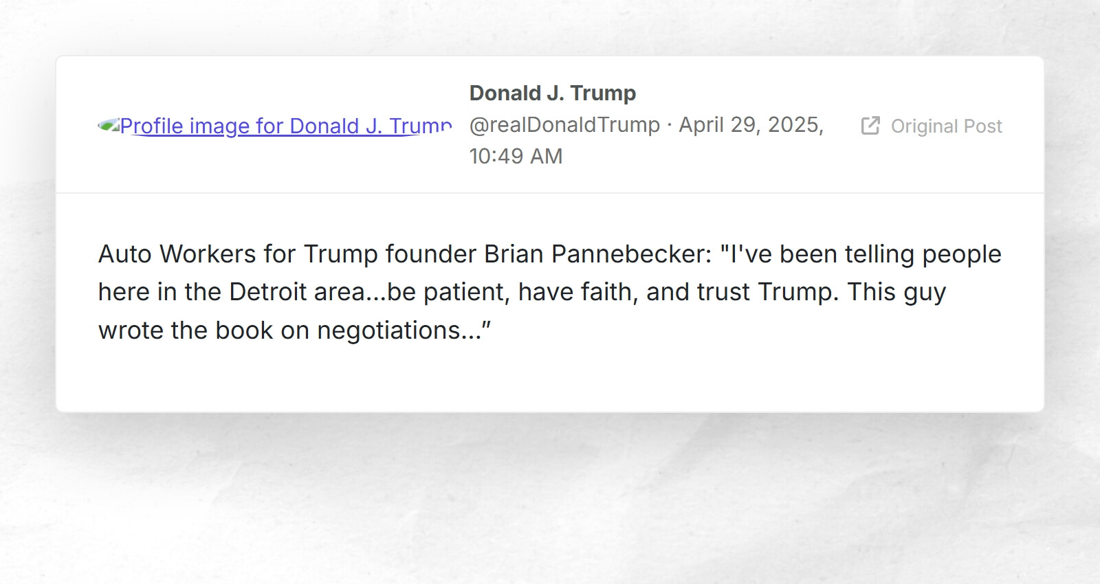 Donald J. Trump: "Auto Workers for Trump founder Brian Pannebecker: "I ...