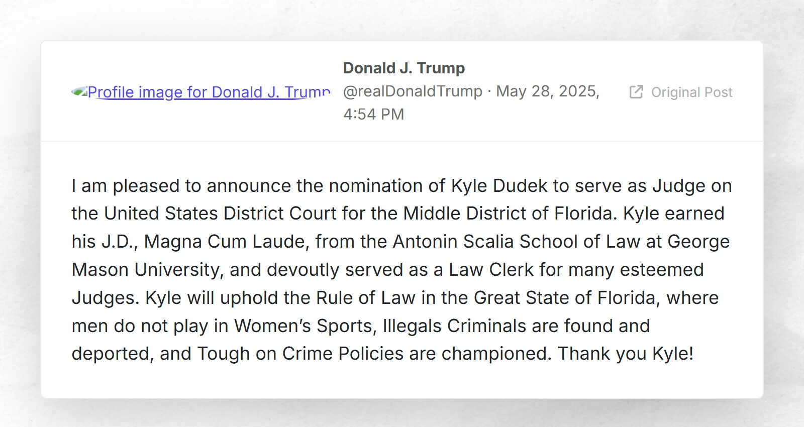 Donald J. Trump: "I am pleased to announce the nomination of Kyle Dudek ...