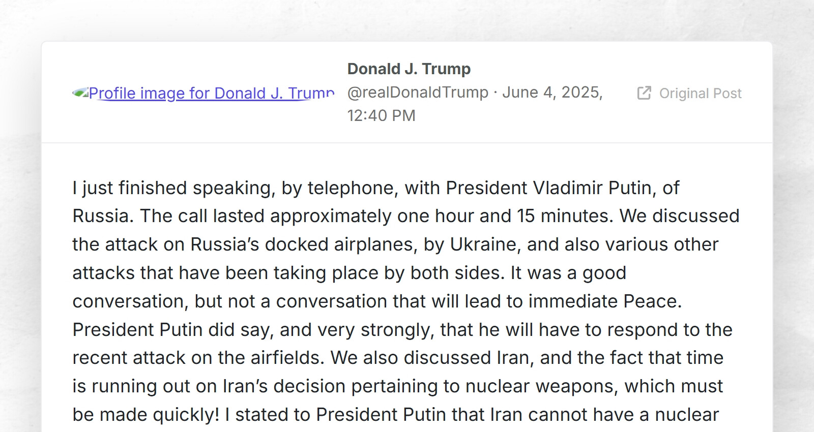 Donald J. Trump: "I just finished speaking, by telephone, with President Vladimir Putin, of Ru ...