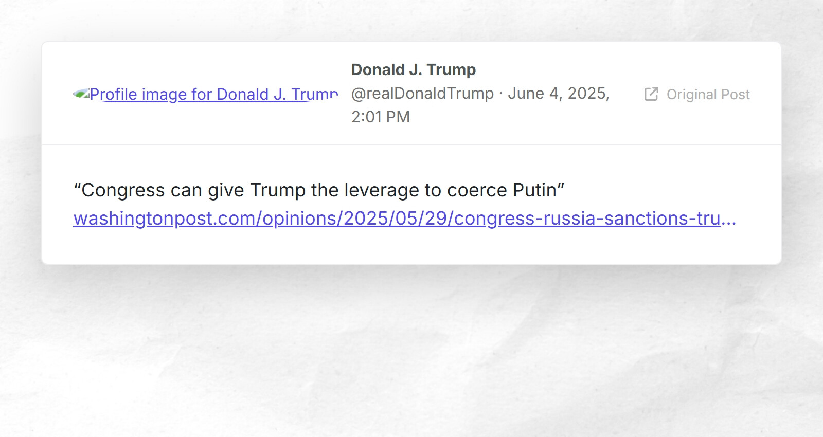 Donald J. Trump: "“Congress can give Trump the leverage to coerce Putin” https://www.washingto ...