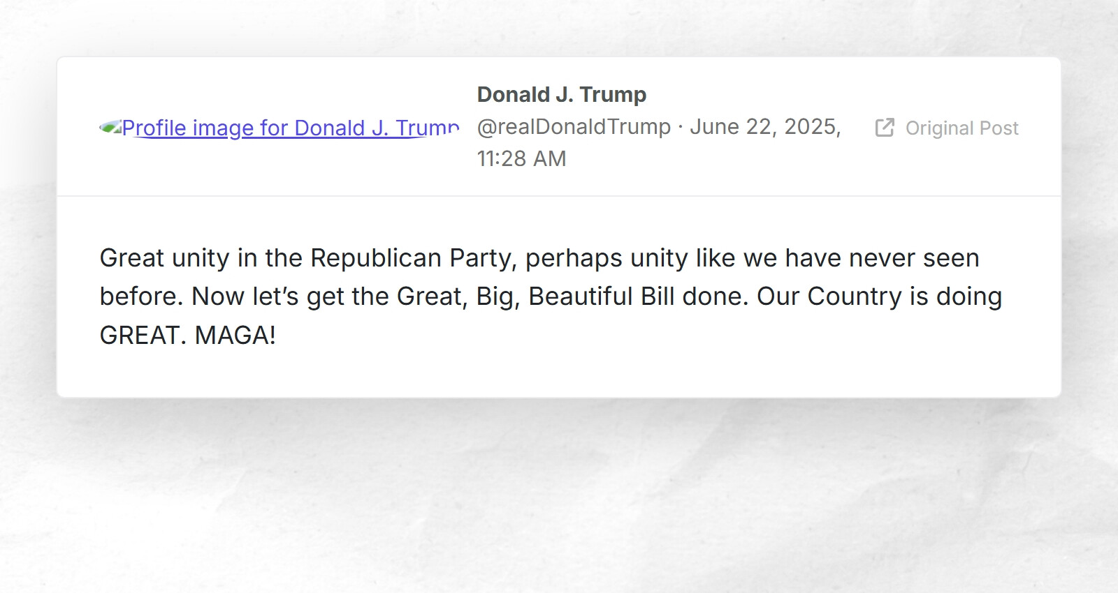 Donald J. Trump: "Great unity in the Republican Party, perhaps unity ...
