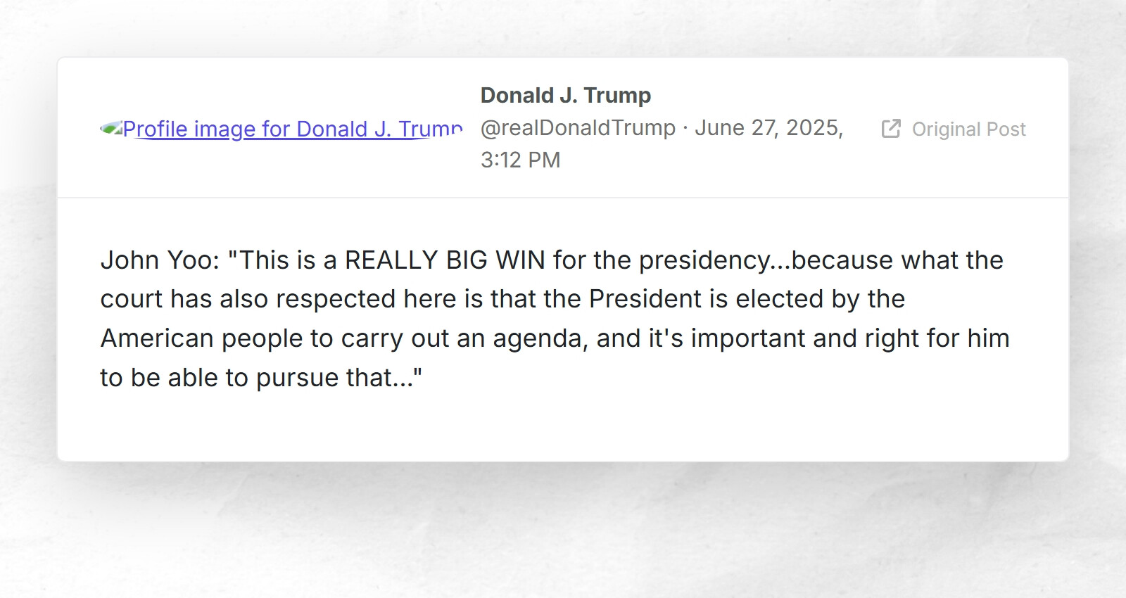 Donald J. Trump: "John Yoo: "This is a REALLY BIG WIN for the ...