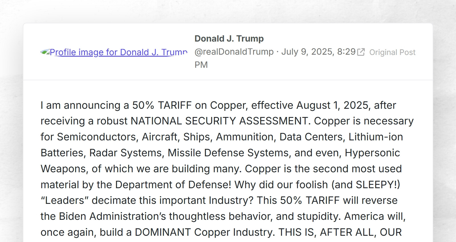 Donald J. Trump: "I am announcing a 50% TARIFF on Copper, effective August 1, 2025, after rece ...