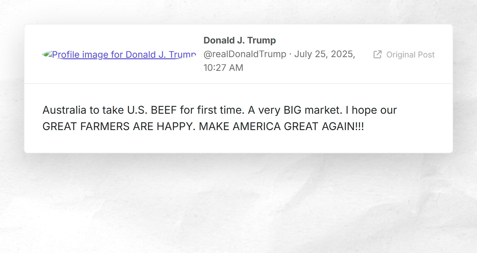Donald J. Trump: "Australia to take U.S. BEEF for first time. A very ...