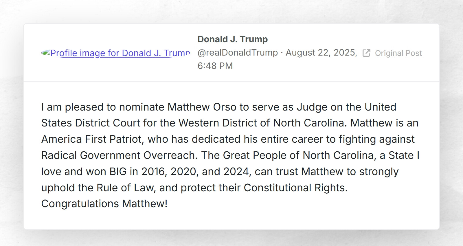 Donald J. Trump: "I am pleased to nominate Matthew Orso to serve as ...
