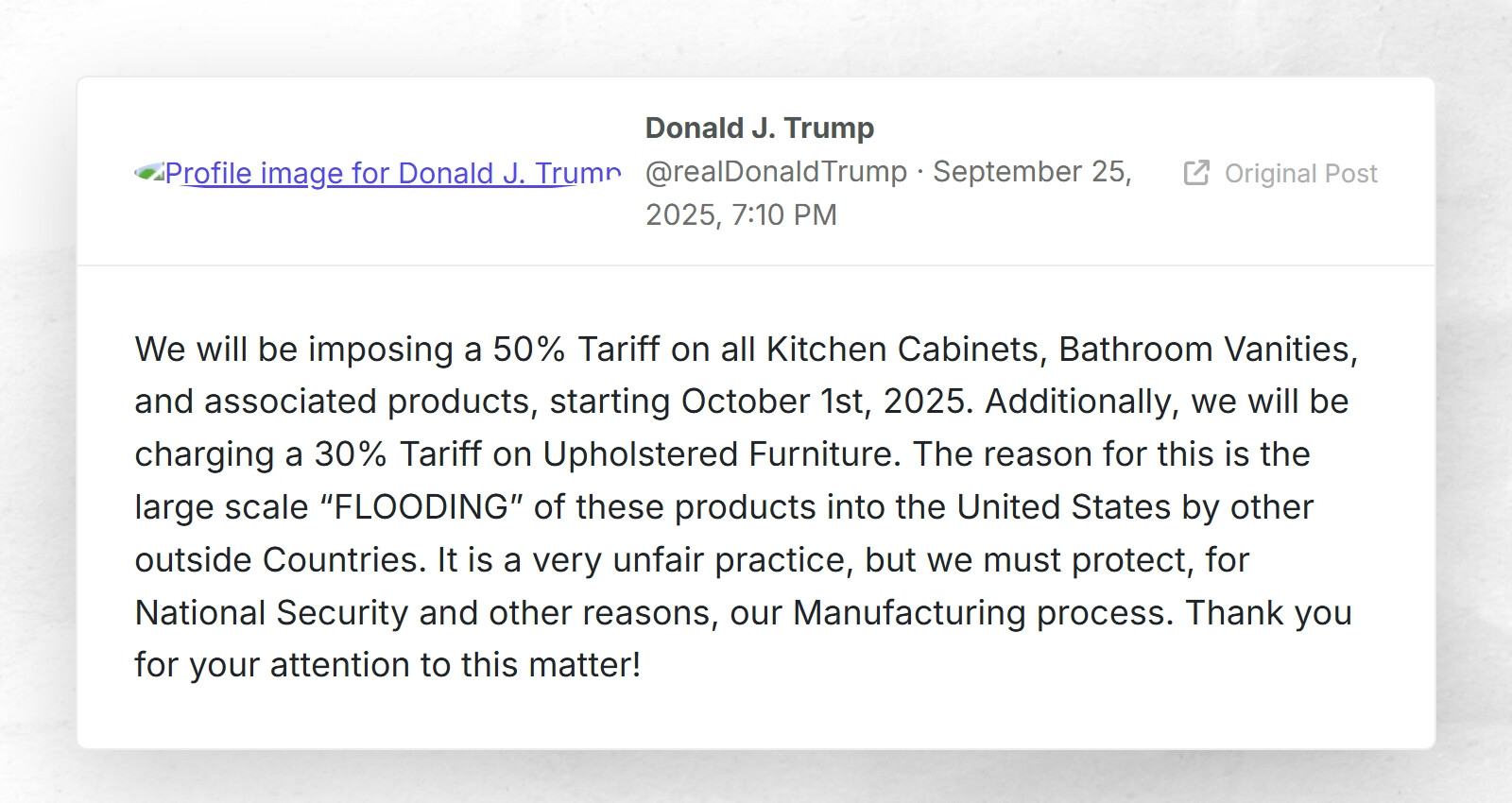 Donald J. Trump: "We will be imposing a 50% Tariff on all Kitchen ...