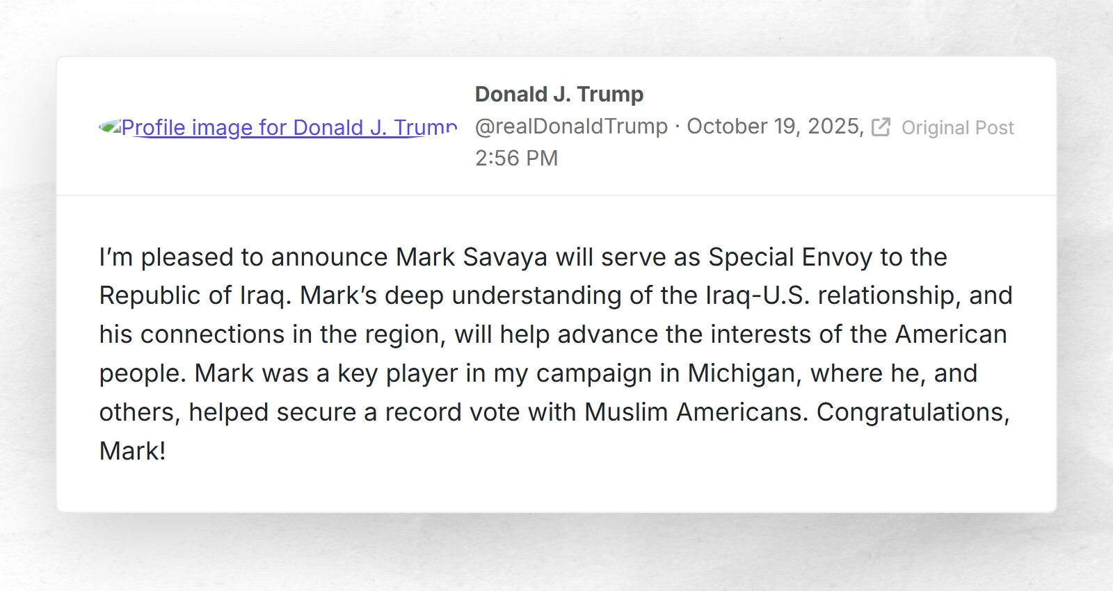 Donald J. Trump: "I’m pleased to announce Mark Savaya will serve as ...