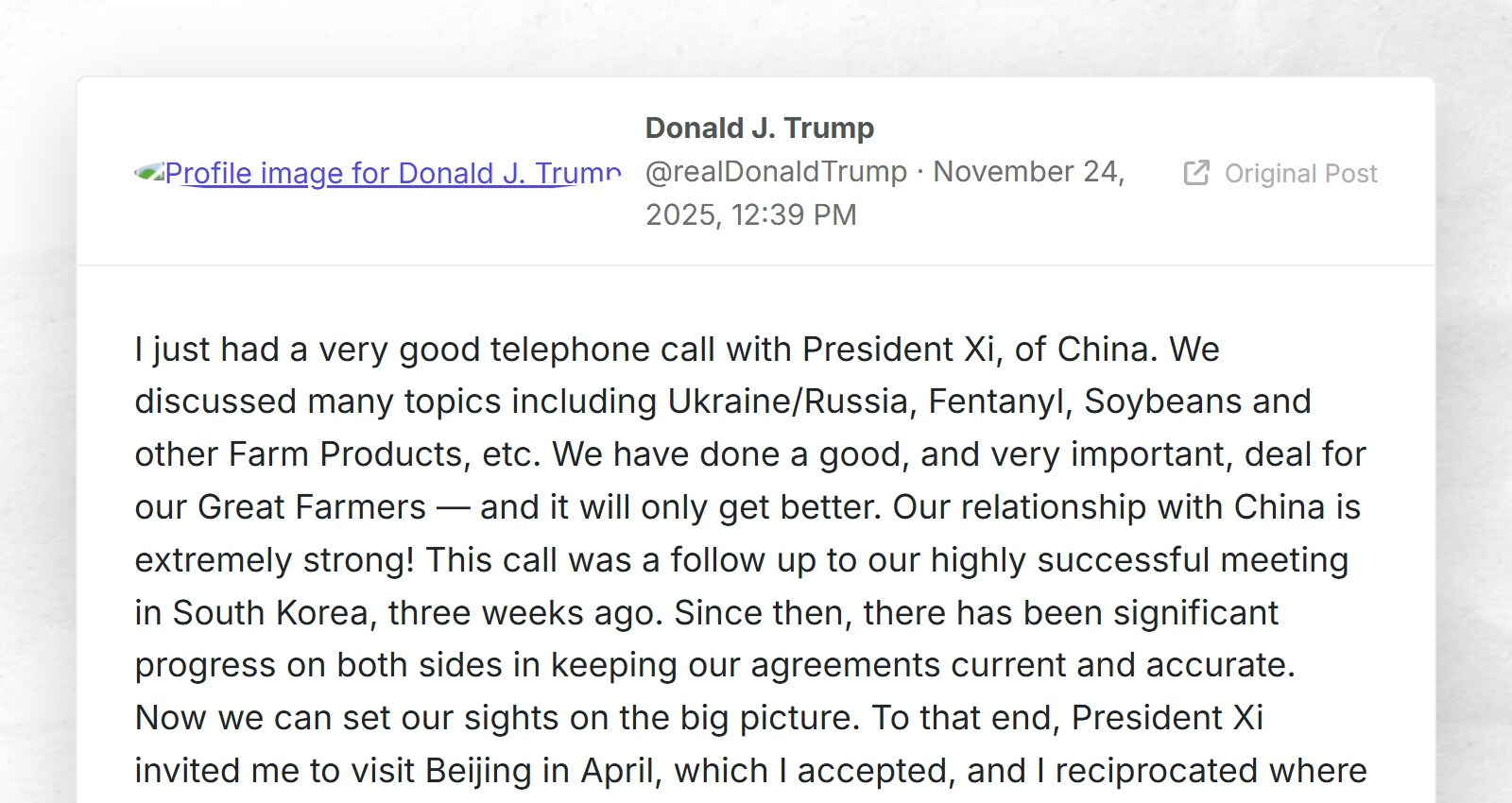 Donald J. Trump: "I just had a very good telephone call with President ...