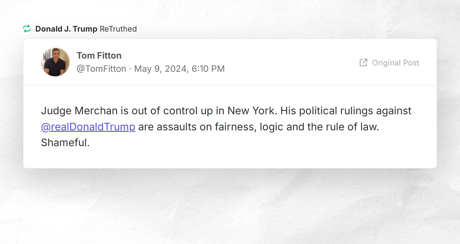 Donald J. Trump: "RT @TomFittonJudge Merchan is out of control up in ...