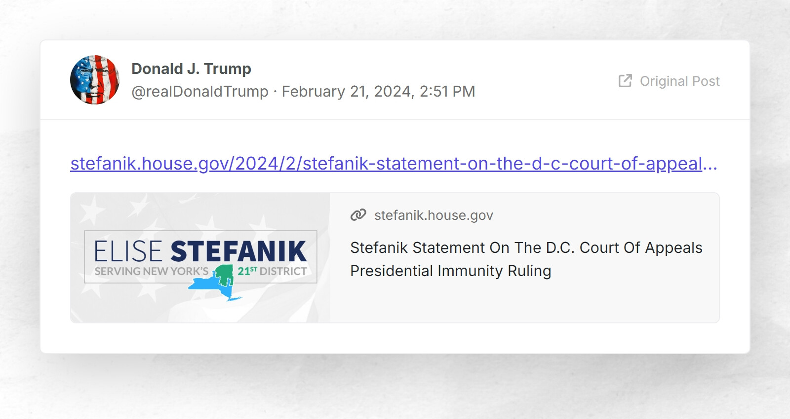 Donald J. Trump: "https://stefanik.house.gov/2024/2/stefanik-statement ...