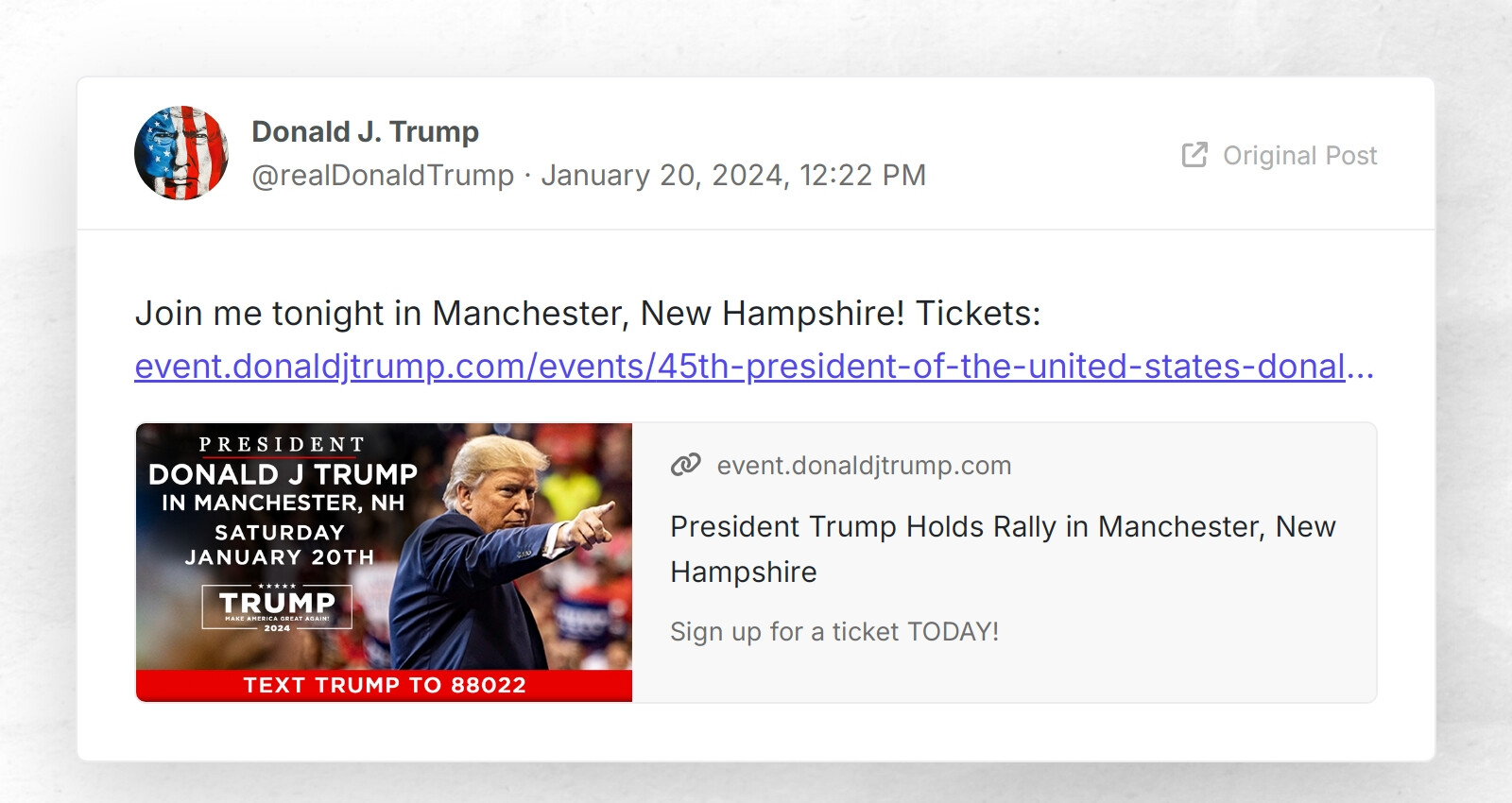 Donald J. Trump: "Join me tonight in Manchester, New Hampshire! Tickets ...
