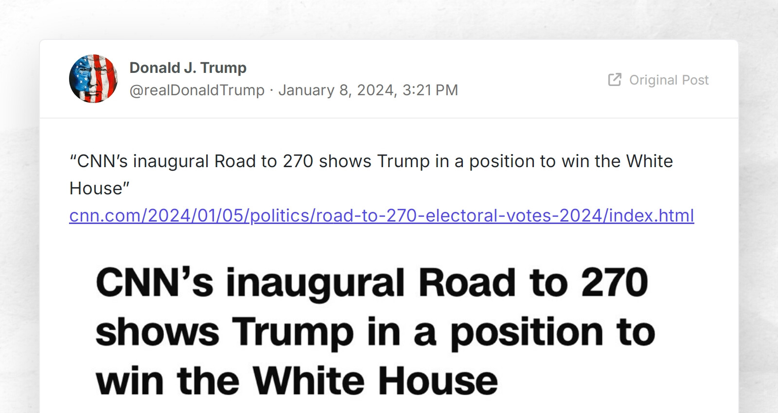 Donald J. Trump: "“CNN’s inaugural Road to 270 shows Trump in a ...