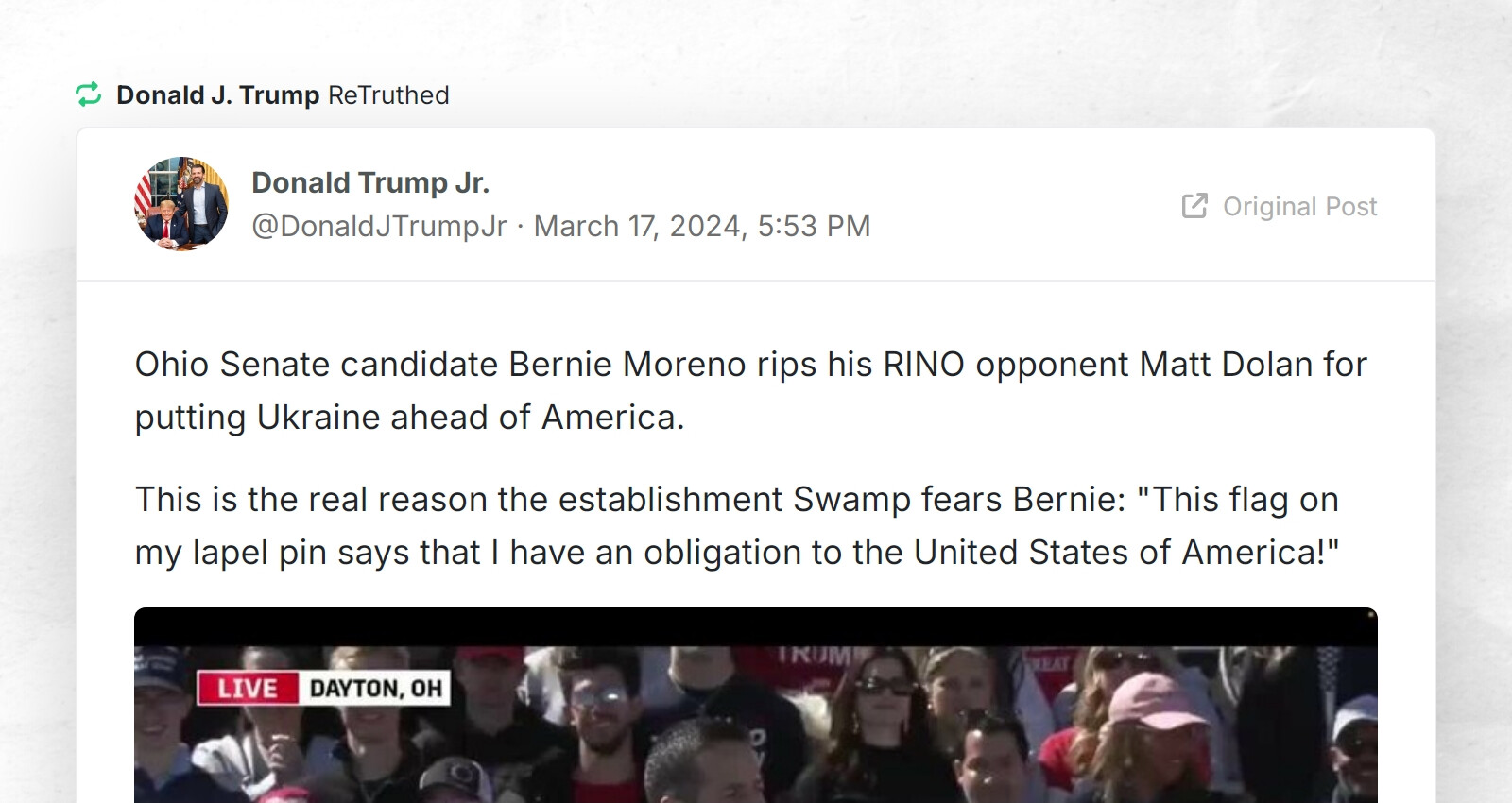 Donald J. Trump: "RT @DonaldJTrumpJrOhio Senate candidate Bernie Moreno ...